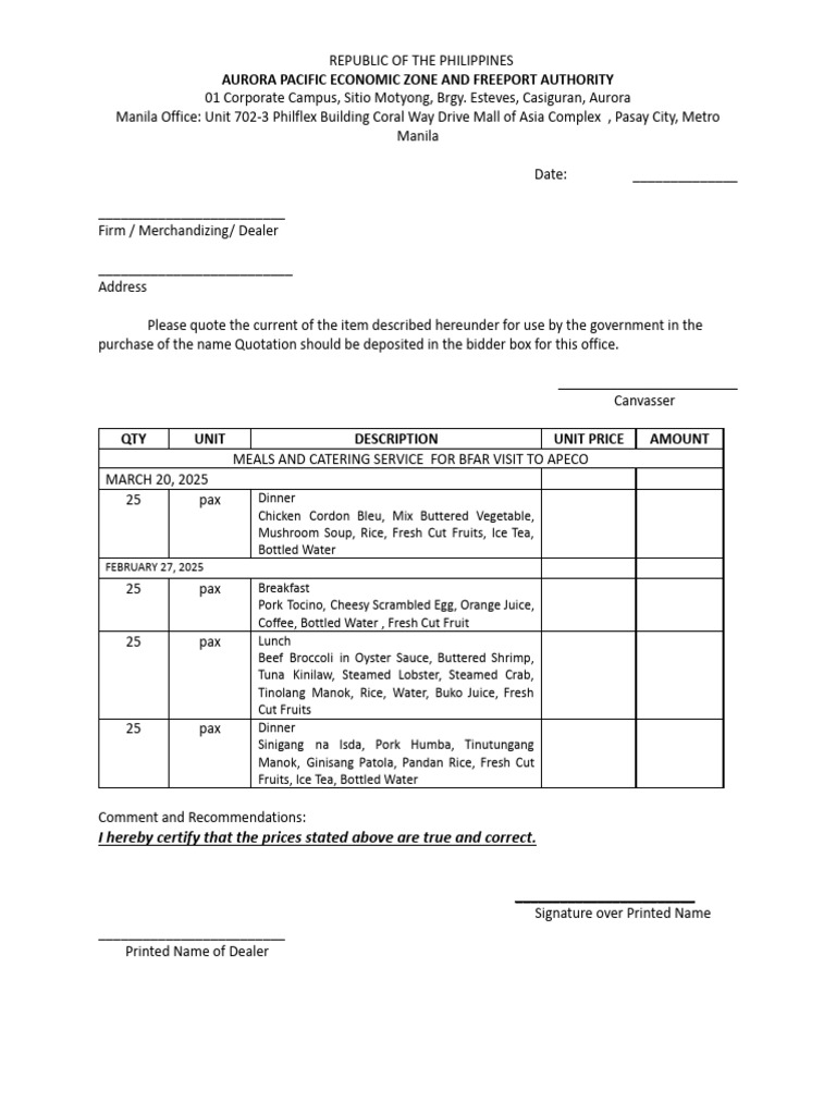 Bfar Meals - Canvass Form | PDF