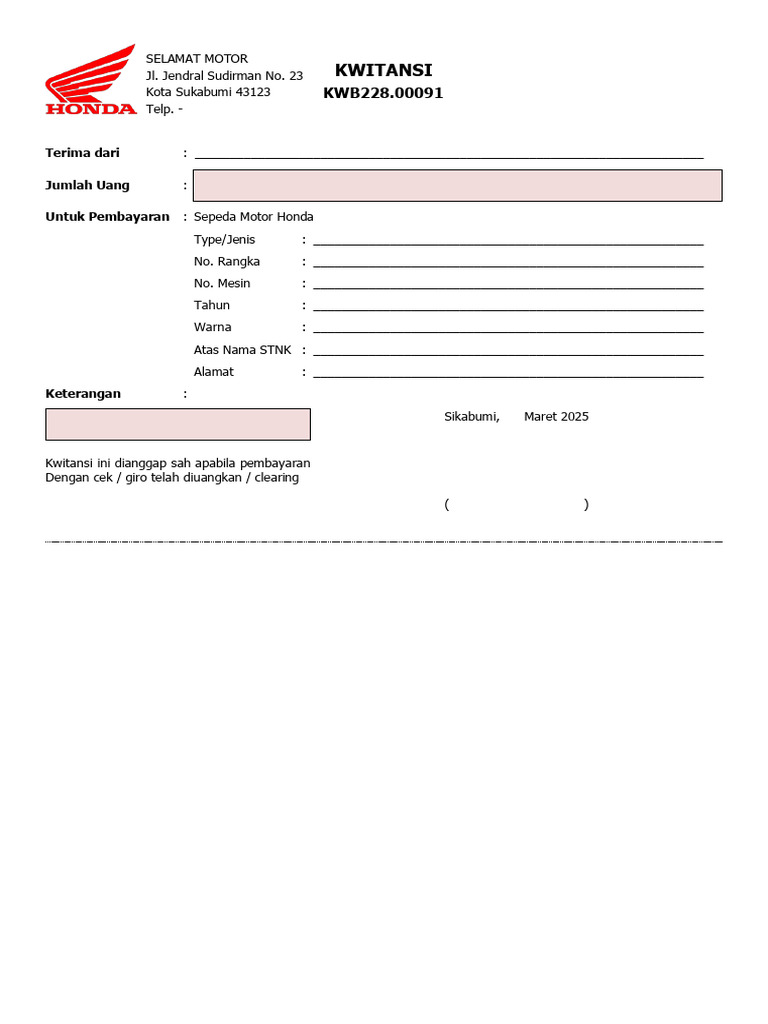 Kwitansi Selamat Motor | PDF