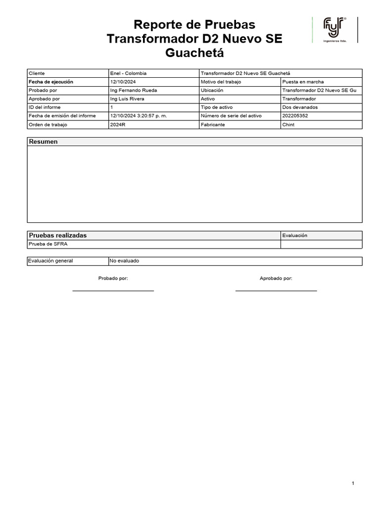 Reporte de Pruebas Transformador D2 Nuevo SE Guachetá | PDF | Transformador | Cantidades fisicas