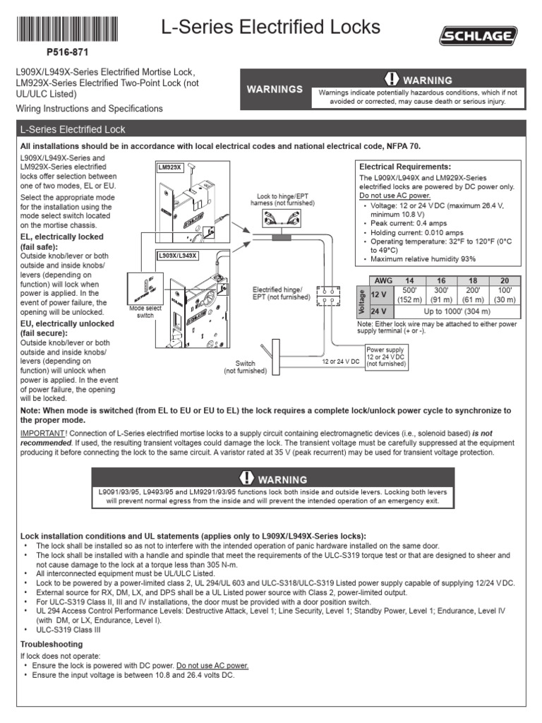L-Series Electrified Lock Installation Guide | PDF | Power Supply | Switch