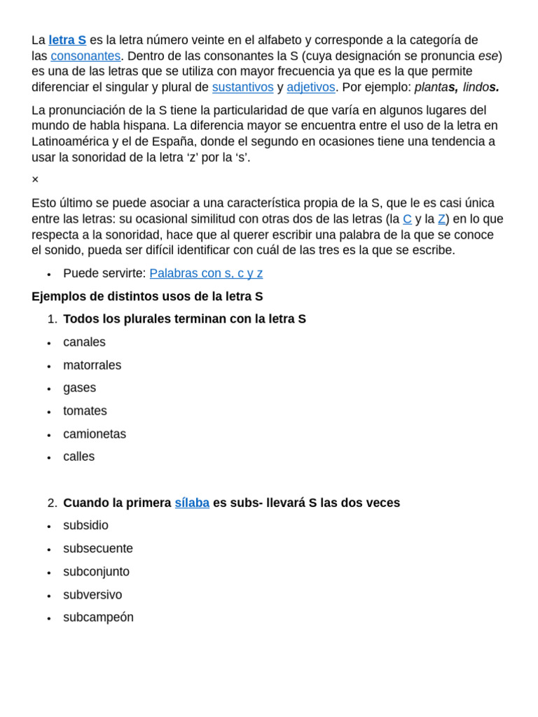Uso y características de la letra S | PDF | Sintaxis | Gramática