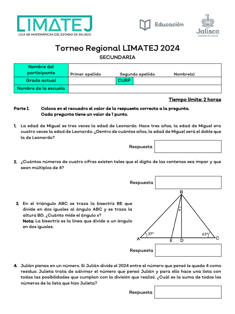 Torneo LIMATEJ 2024 Etapa Regional - SECUNDARIA | PDF | Geometría Elemental