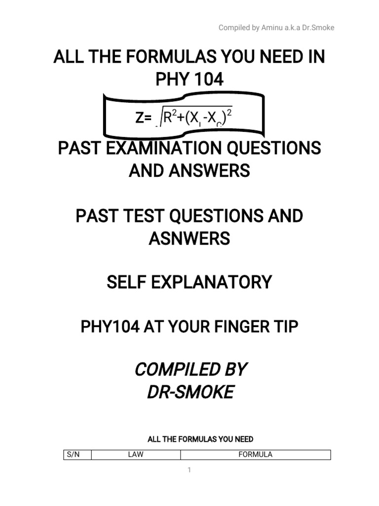 PHY 104 Exam Questions and Formulas | PDF