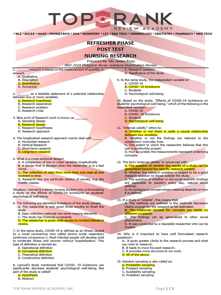 Post Test Research Answer Key PDF | PDF | Sampling (Statistics ...