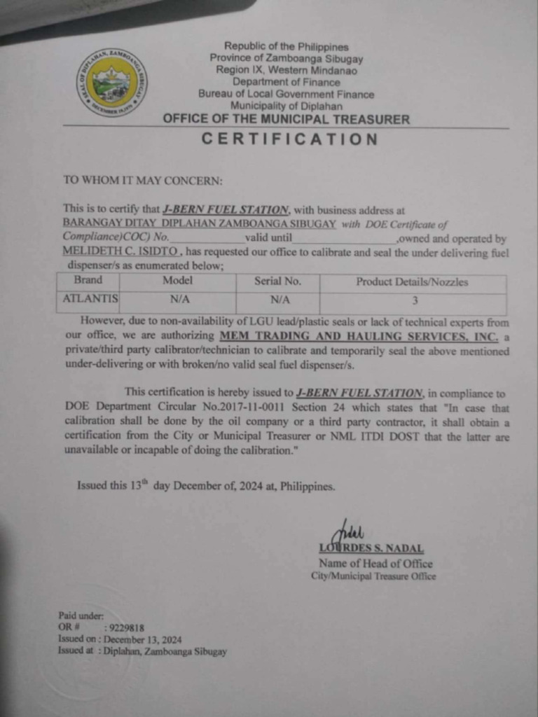 Certification From Municipal Treasurer | PDF