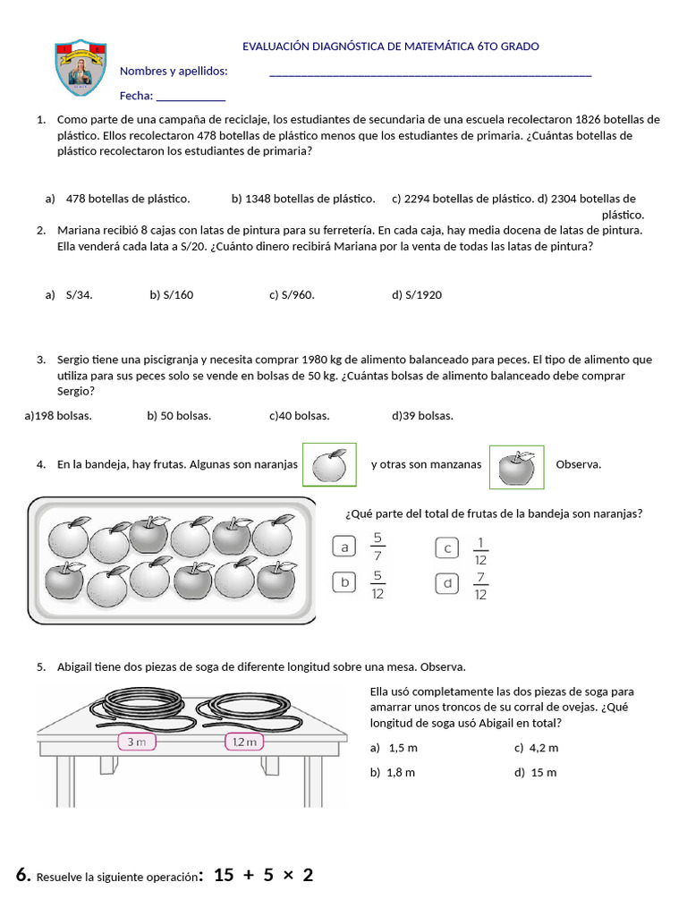 Evaluación Diagnóstica Matemáticas 6to Grado | PDF