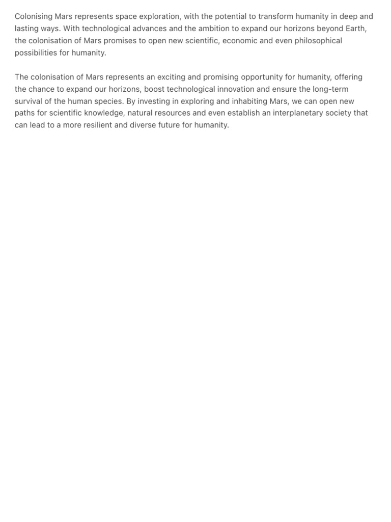 Colonising Mars Represents Space Exploration, With The Potential To | PDF