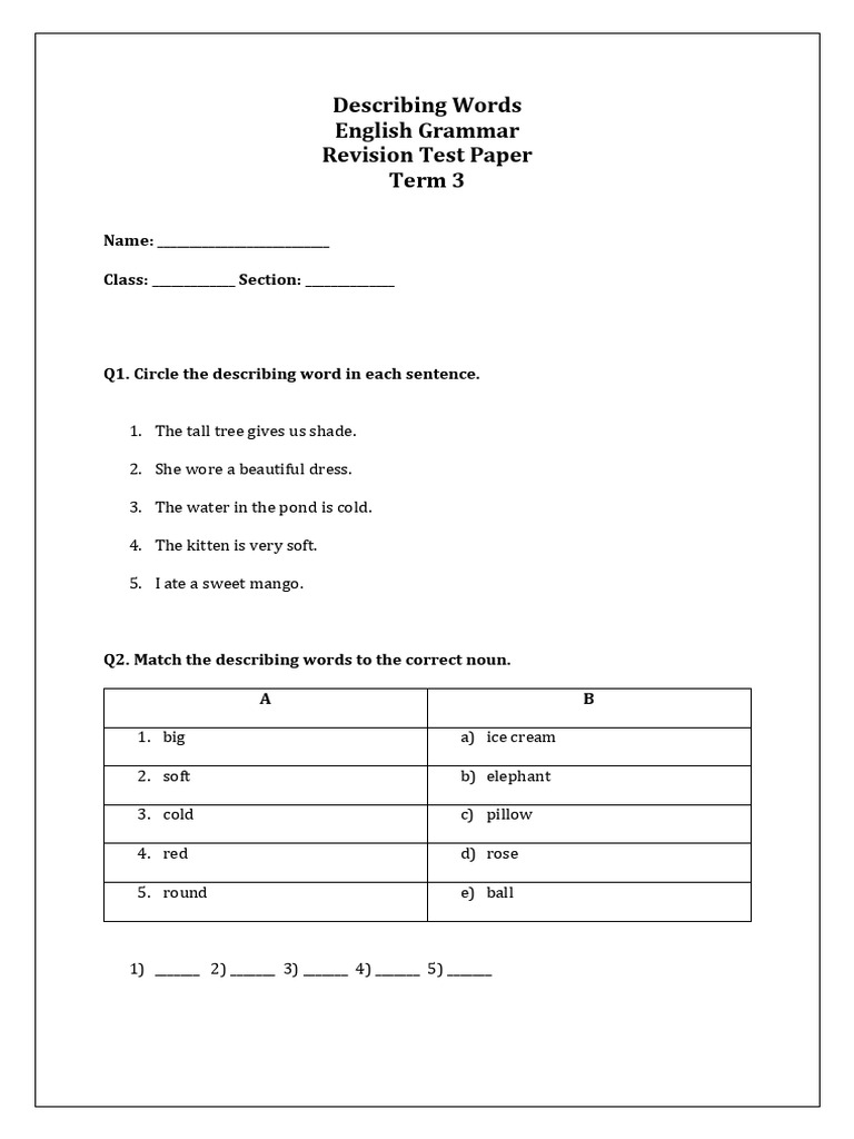 Describing Words Revision Test Paper | PDF