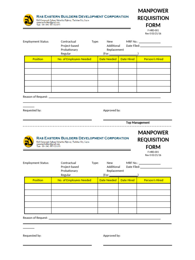 F-HRD-001 Manpower Requisition Form | PDF