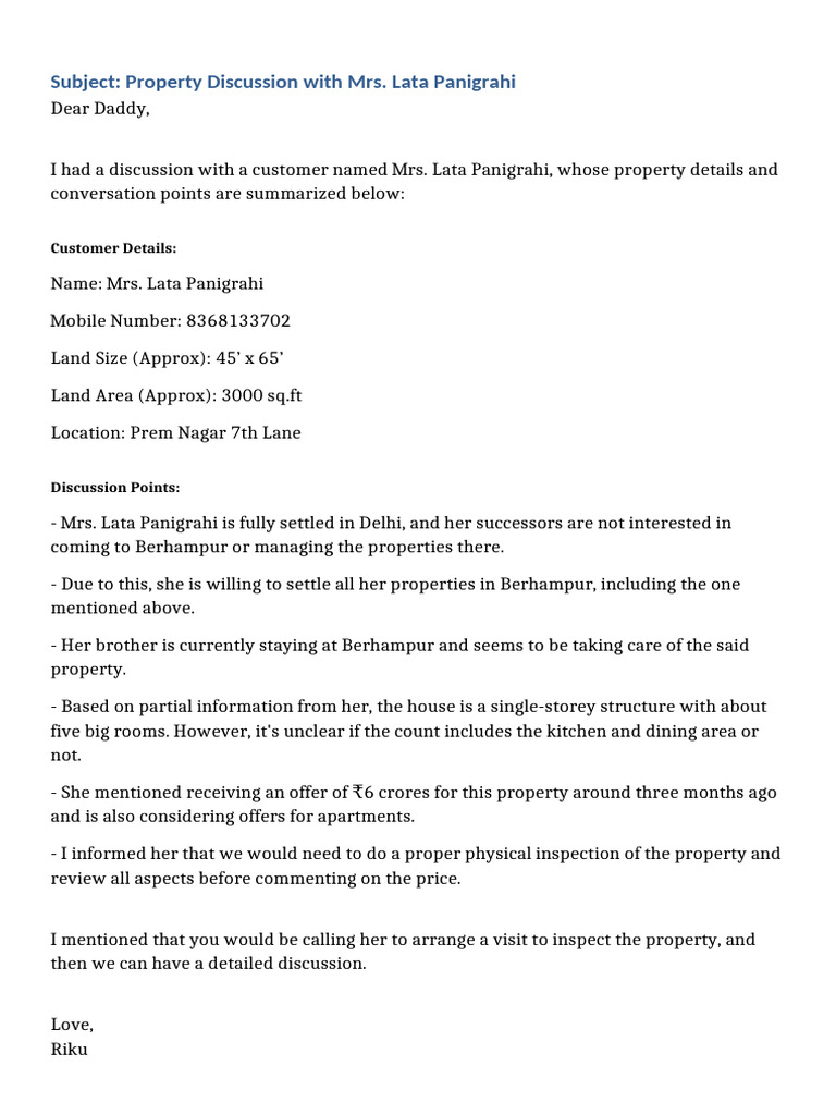 Property Discussion With Mrs Lata Panigrahi | PDF