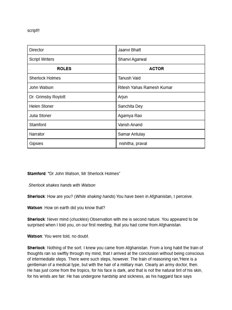 Script For Sherlock Holmes Play | PDF | The Adventure Of The Speckled Band | Dr. Watson