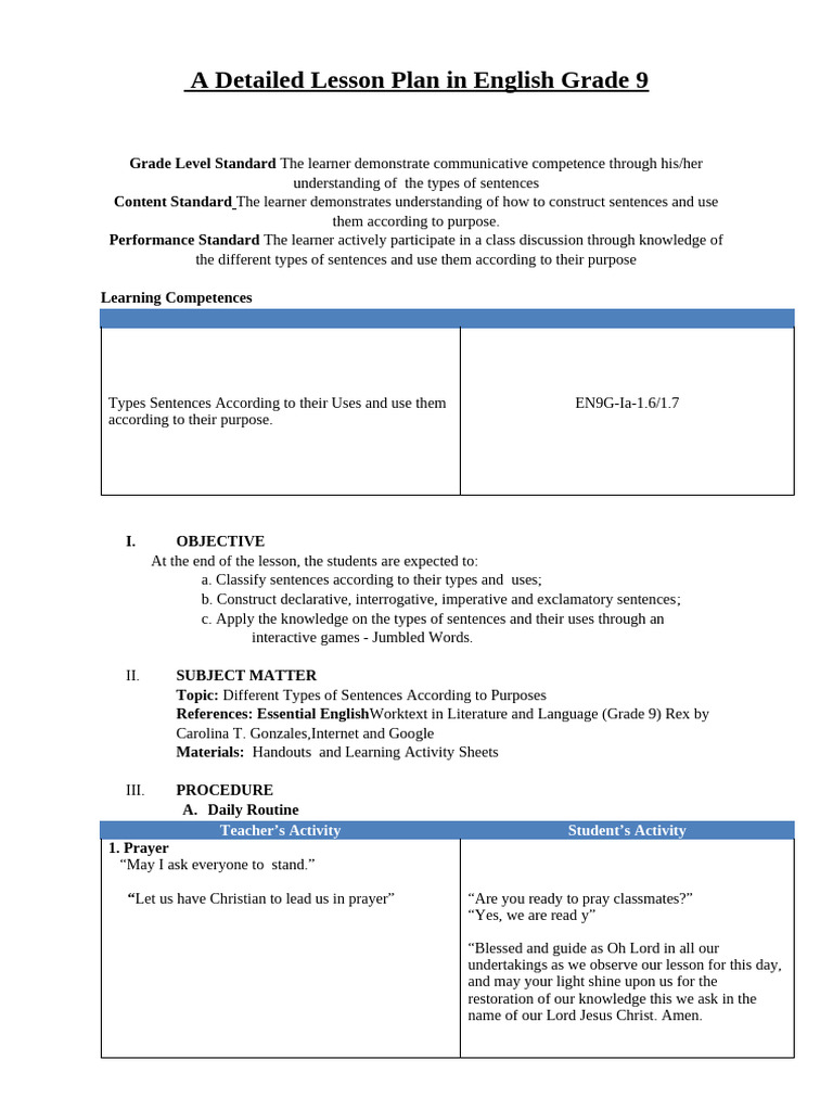 Lesson Plan: Types of Sentences in English | PDF | Question | Sentence ...