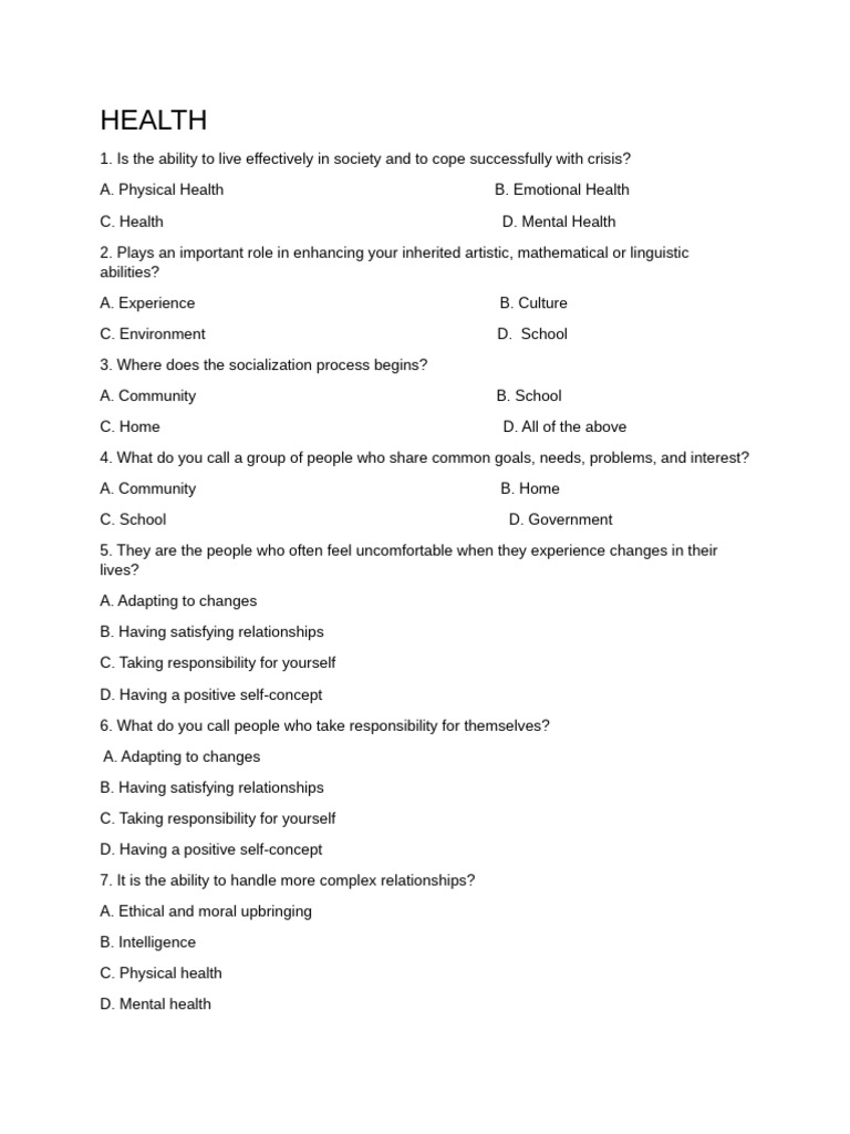 Test Questions Grade 8 - 061449 | PDF | Mental Health | Pathogen