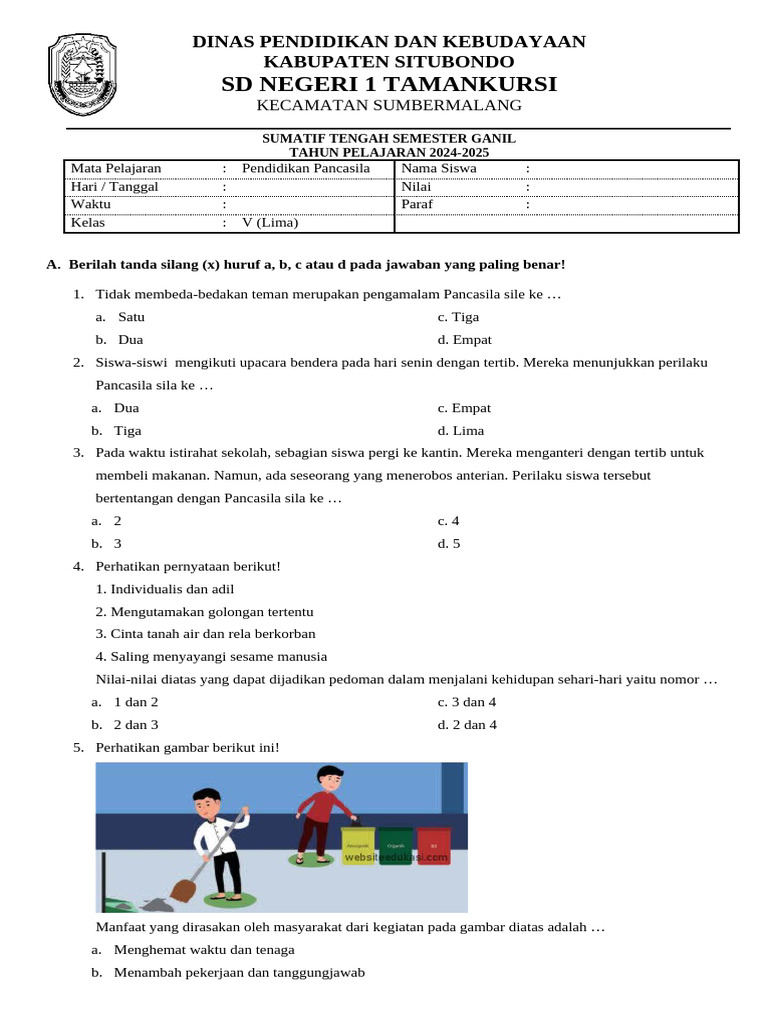 Soal STS 1 PPKN Kelas 5 | PDF