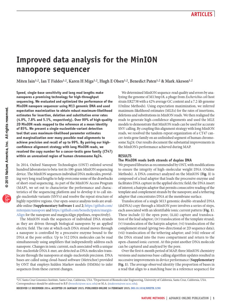 Improved Data Analysis For The MinIon Nanopore Sequencer | PDF | Dna ...