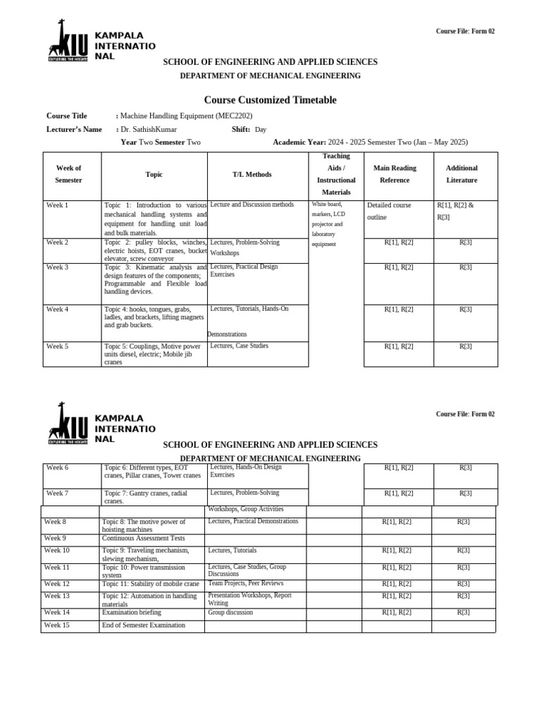 2.MEC 2203 Machine Handling Equipment - Customized Timetable | PDF ...