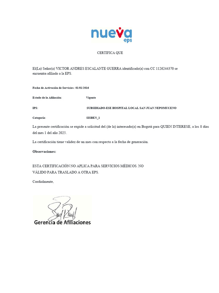 Certificado Afiliaci Ã N | PDF