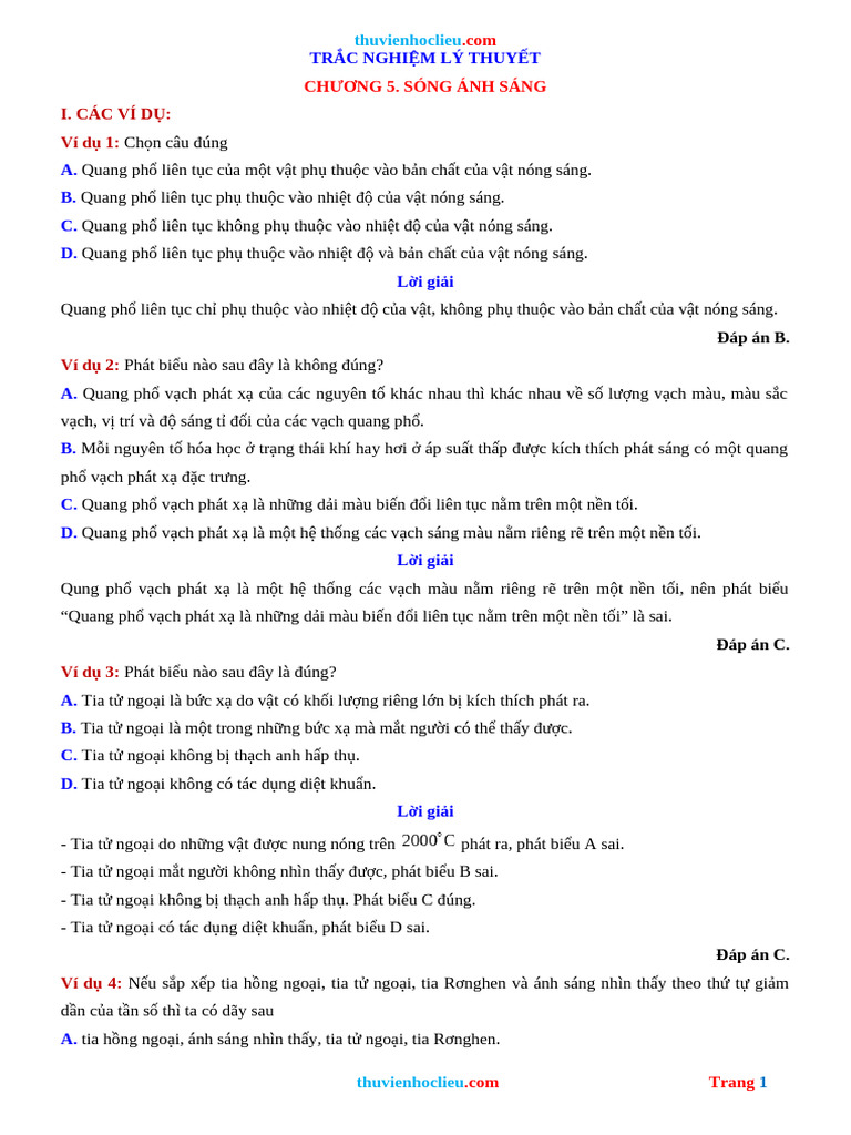 Trac Nghiem Ly Thuyet Chuong SONG ANH SANG | PDF