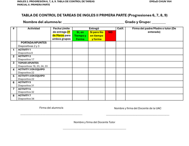 Tabla de Control de Tareas Ingles 2 Prog 6. 7, 8, 9 PDF | PDF