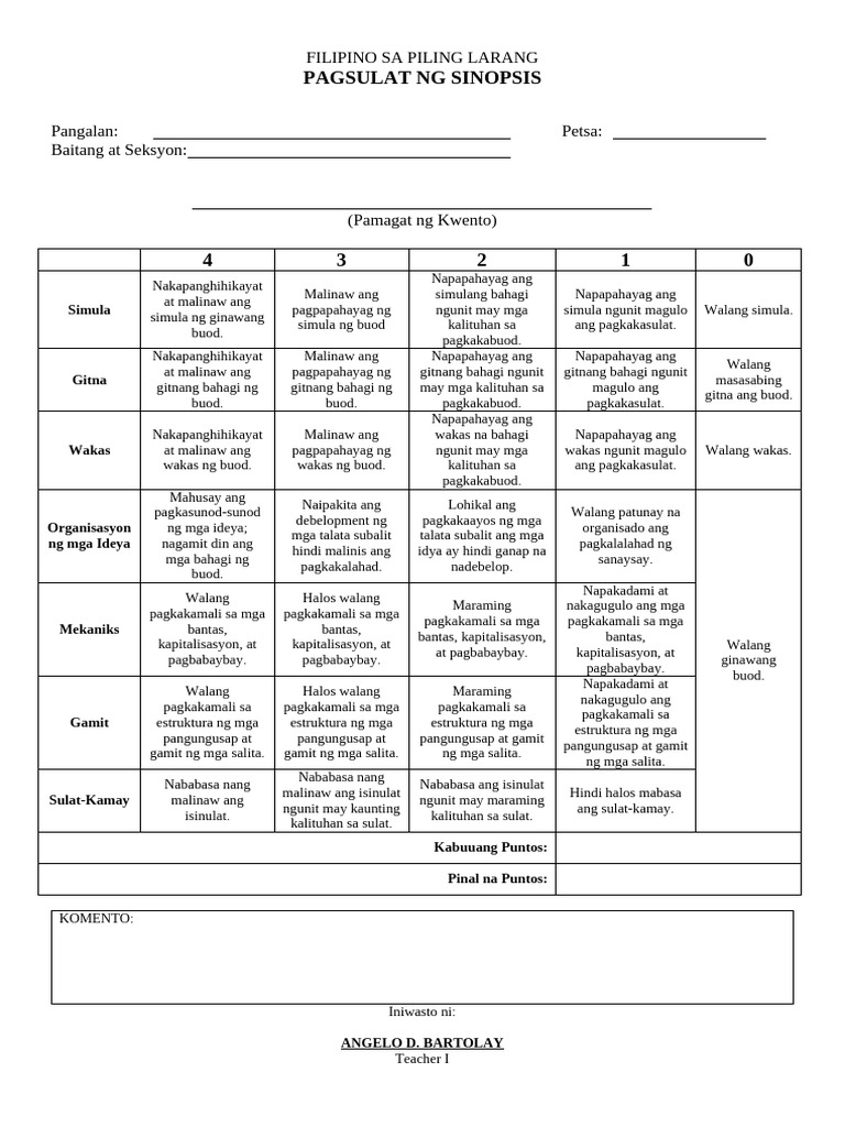 Aralin 3 Rubriks Sa Sinopsis | PDF