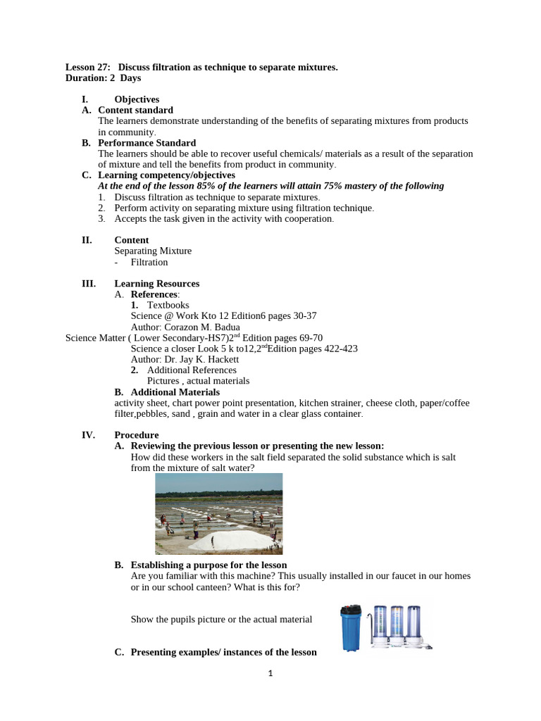 1st Quarter Lesson 27 Discuss Filtration As A Technique To Separate ...
