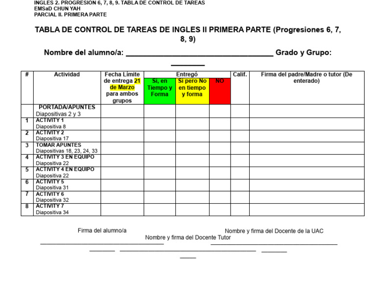 Tabla de Control de Tareas Ingles 2 Prog 6. 7, 8, 9 | PDF