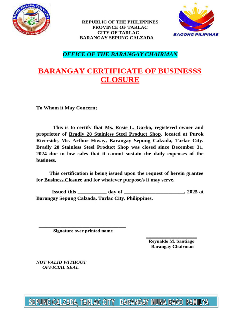 Barangay Business Closure Certificate | PDF