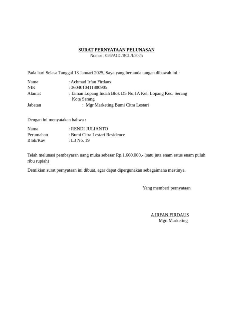 Template SURAT PERNYATAAN PELUNASAN | PDF