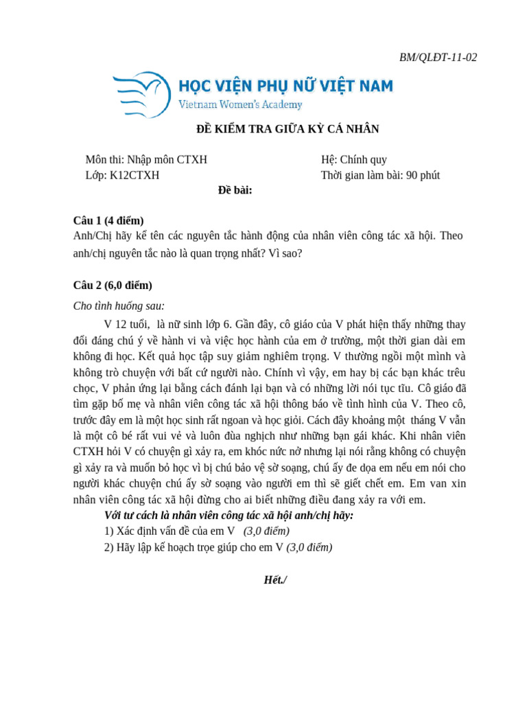 BÀI KIỂM TRA CÁ NHÂN K12 CTXH (1) | PDF