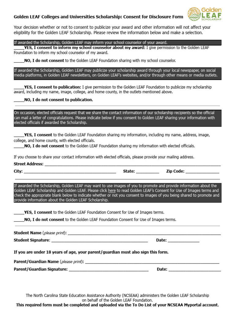 Golden LEAF Scholarship Consent Form | PDF