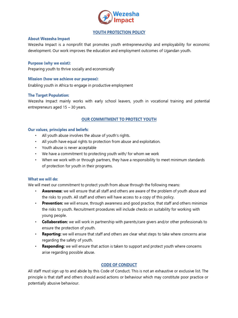 Wezesha Impact Youth Protection Policy | PDF | Social Psychology