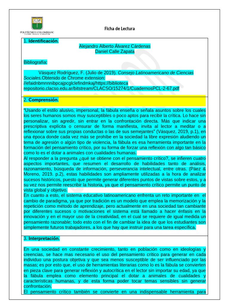 Ficha de Lectura Crítica - Cuadernos Del Pensamiento Critico ...