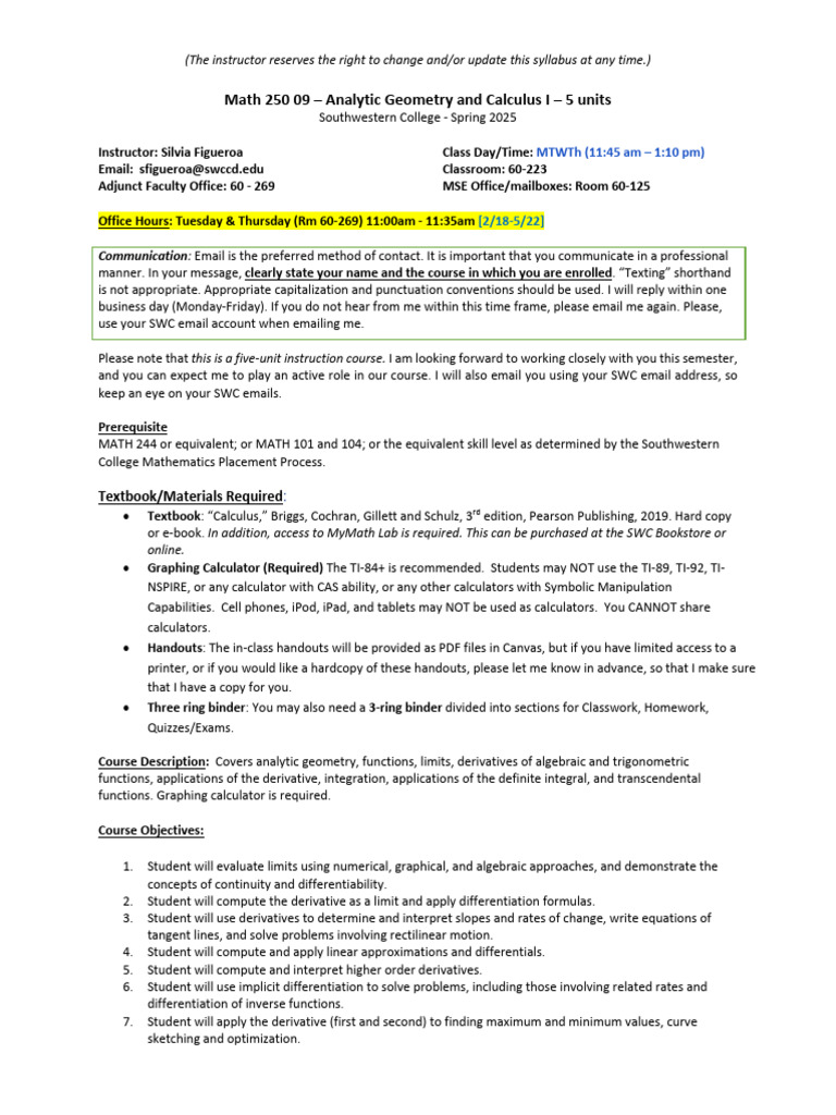 Syllabus Math250 (Canvas) | PDF | Integral | Derivative
