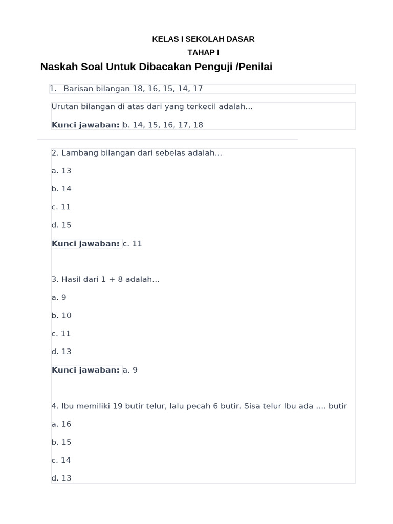 Soal Calistung Kelas 1 SD dan Kunci Jawaban | PDF