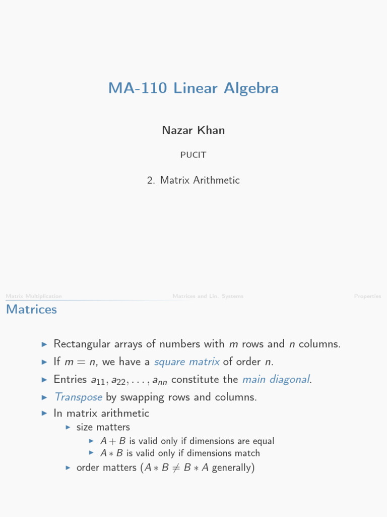 Matrix Arithmetic and Properties in Linear Algebra | PDF | Matrix ...