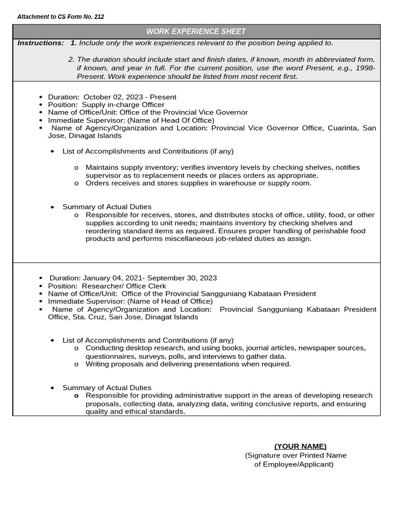 CS Form No 212 Work Experience Sheet | PDF | Inventory