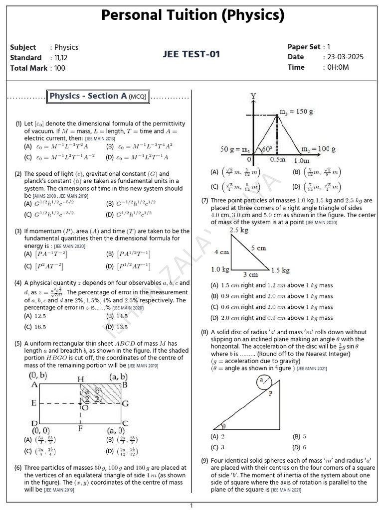 JEE Physics Tuition Test Paper 2025 | PDF | Motion (Physics) | Metrology