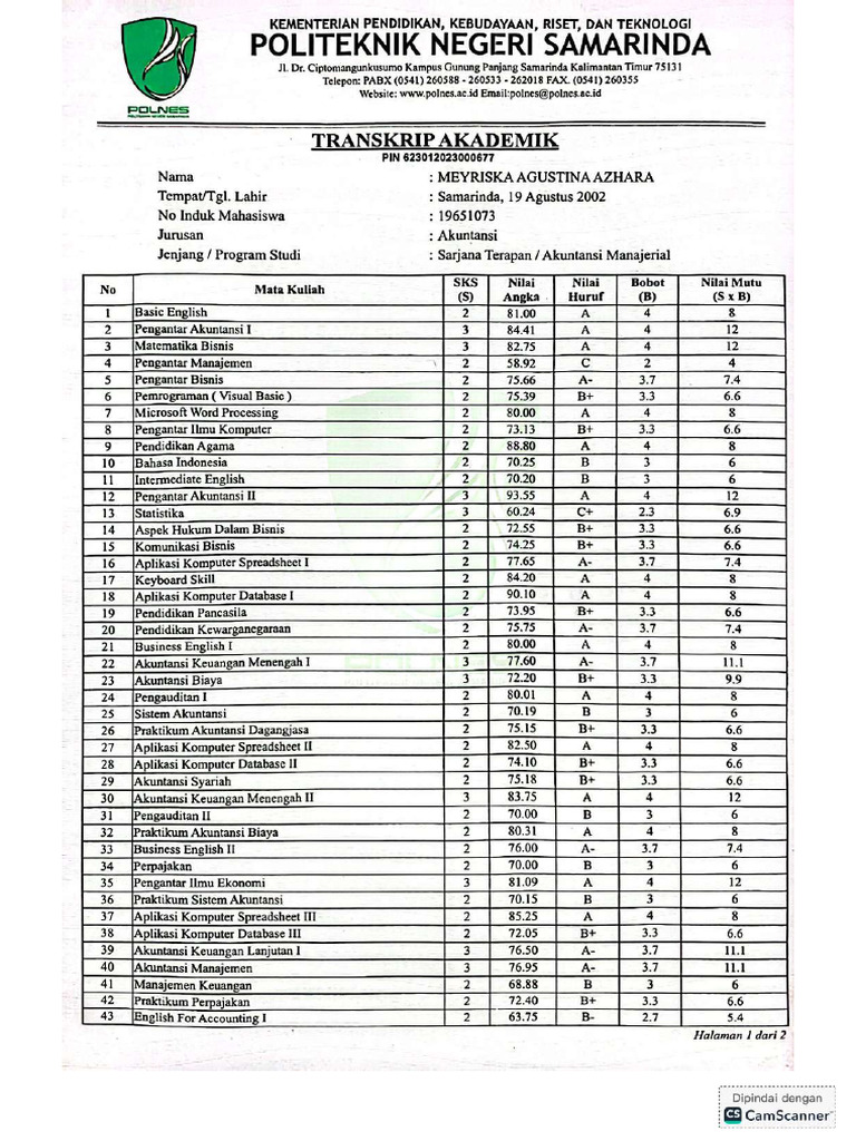 Transkip Nilai Mey - Compressed | PDF