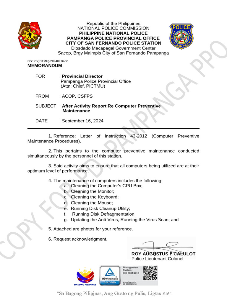 AAR - DICTM PREVENTIVE MAINTENANCE September 2024 | PDF