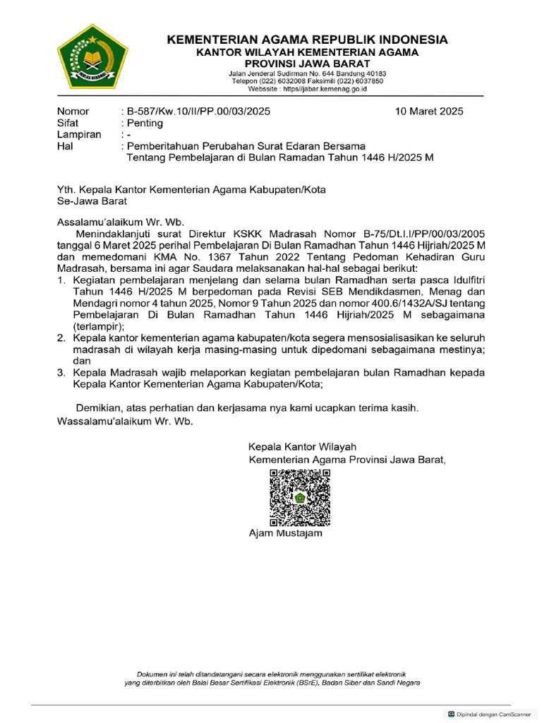587 Pemberitahuan Perubahan Surat Edaran Bersama Tentang Pembelajaran Di Bulan Ramadan Tahun ...