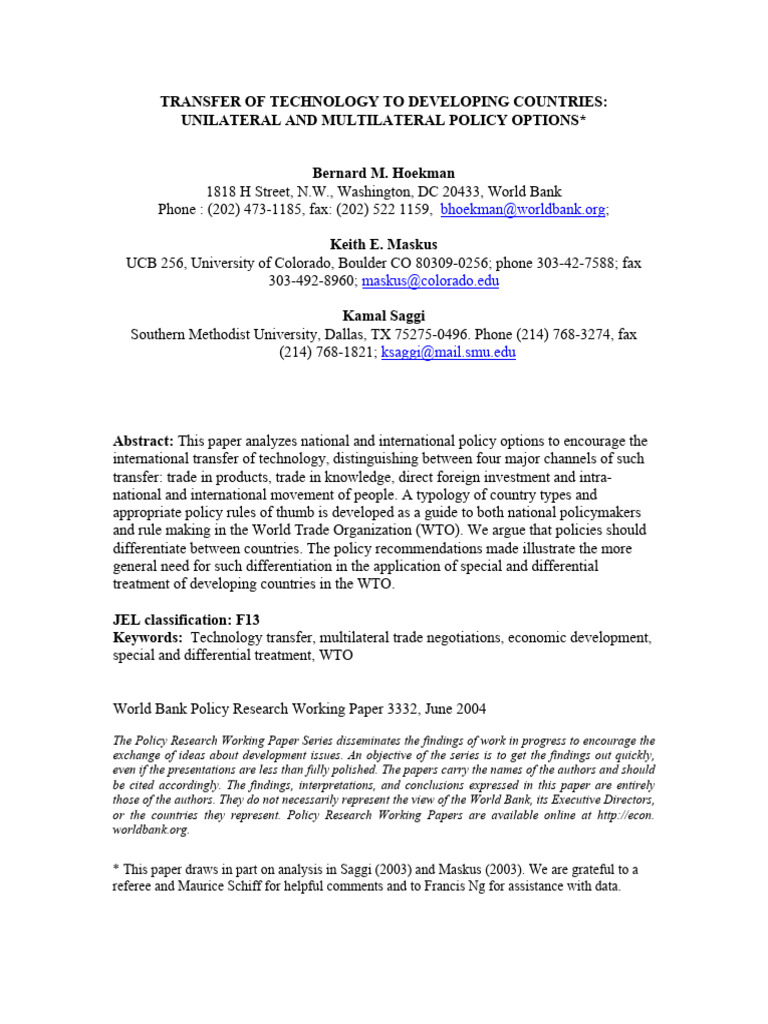 Transfer of Technology To Developing Countries | PDF | Intellectual ...
