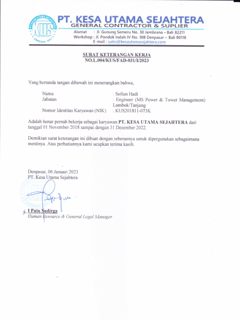 Surat Keterangan Kerja Sofian Hadi - 085557 | PDF