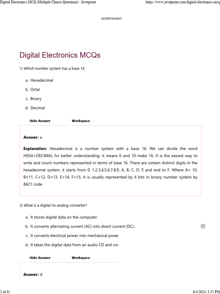 Digital Electronics MCQ (Multiple Choice Questions | PDF | Integrated Circuit | Logic Gate