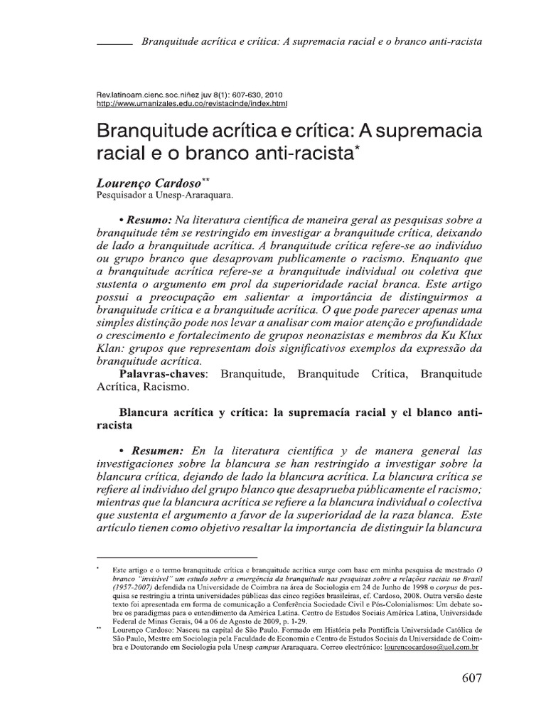 Branquitude Acrítica e Crítica - Lourenço Cardoso | PDF