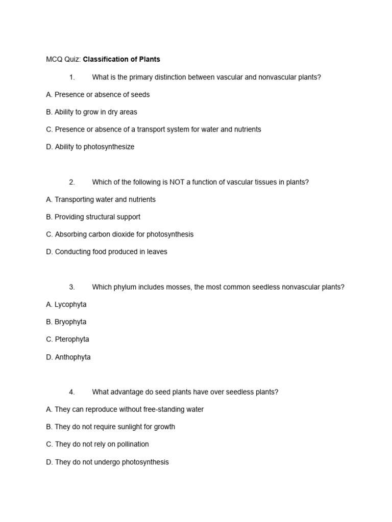 Plant Classification MCQ Quiz | PDF | Fern | Photosynthesis