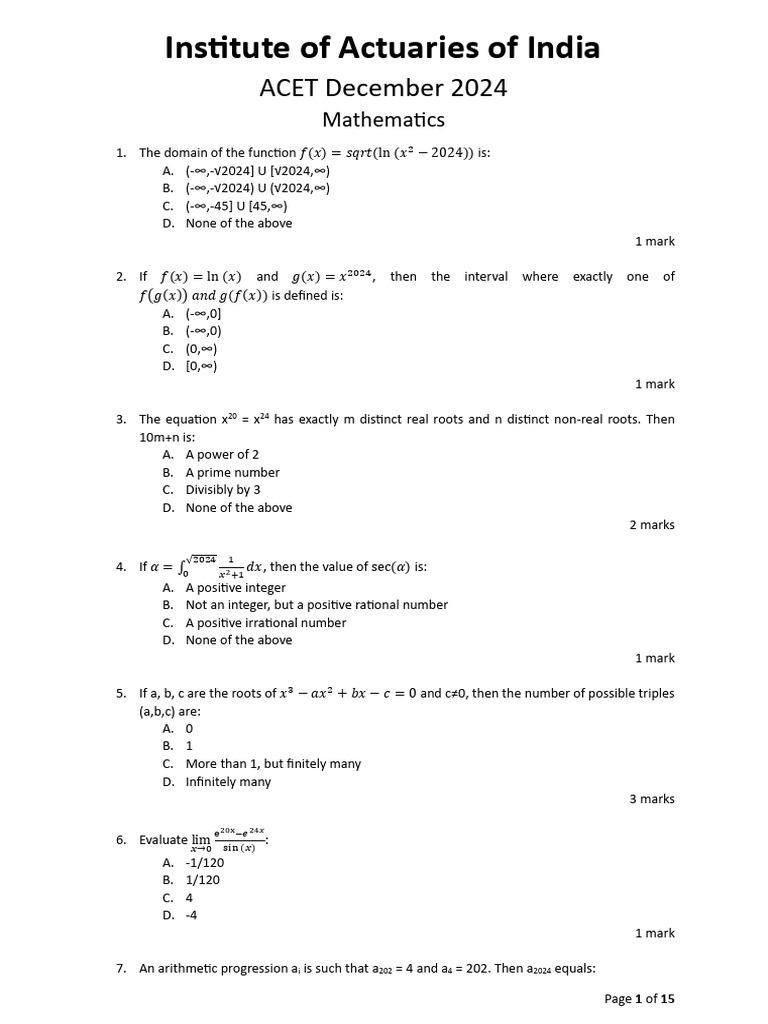 ACET December 2024 Question Paper - 0 | PDF | Numbers | Infinity