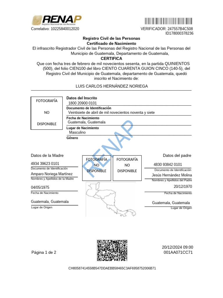 Certificado de La Partida de Nacimiento Renap | PDF | Autenticación