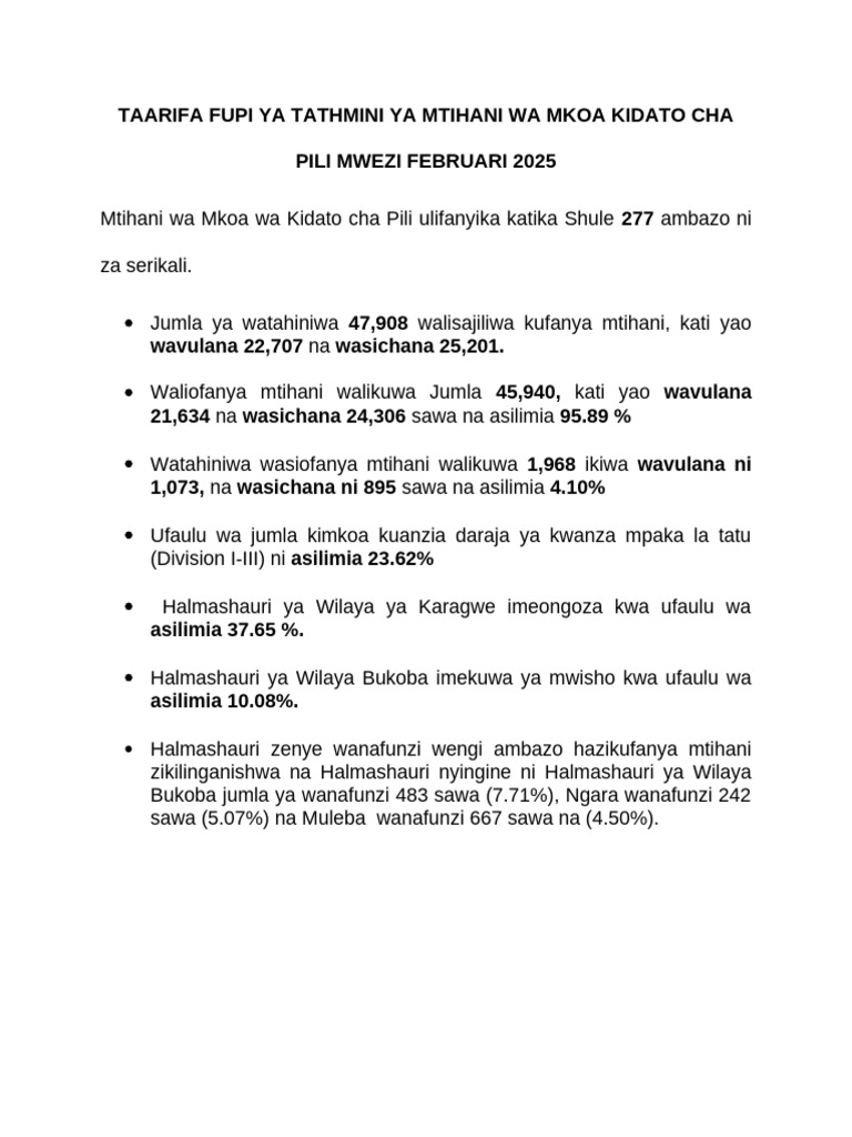Taarifa Ya Tathmini Ya Mtihani Wa Mkoa Kidato Cha Pili Mwezi Februari 2025-1 | PDF