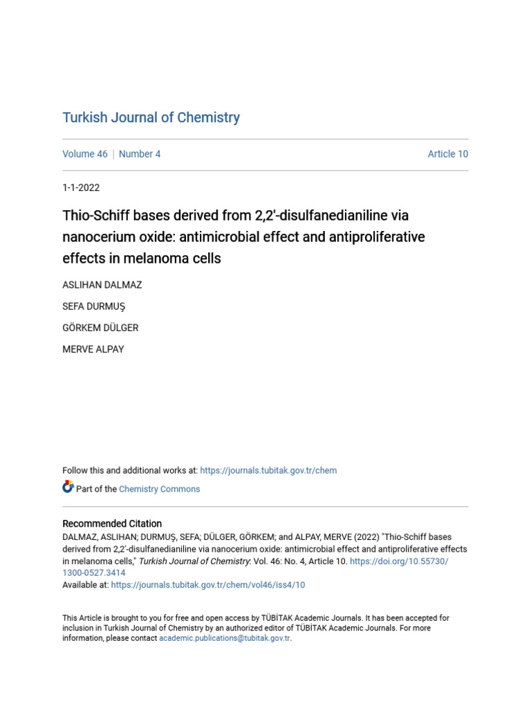 Thio-Schiff Bases Derived From 22-Disulfanedianiline Via Nanoce | PDF