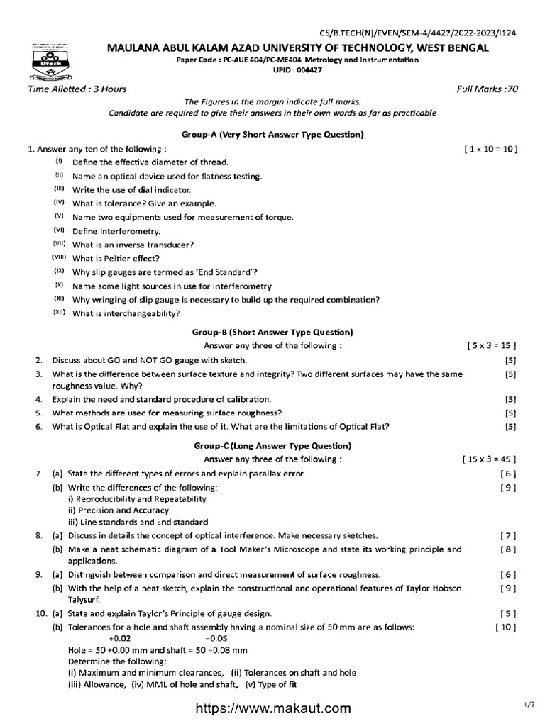 Btech Pe Aue Me 4 Sem Metrology and Instrumentation Pe Aue 404 2023 | PDF